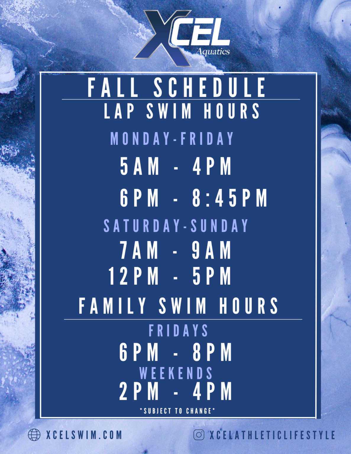 XCEL Fall ’23 Open Lap Schedule